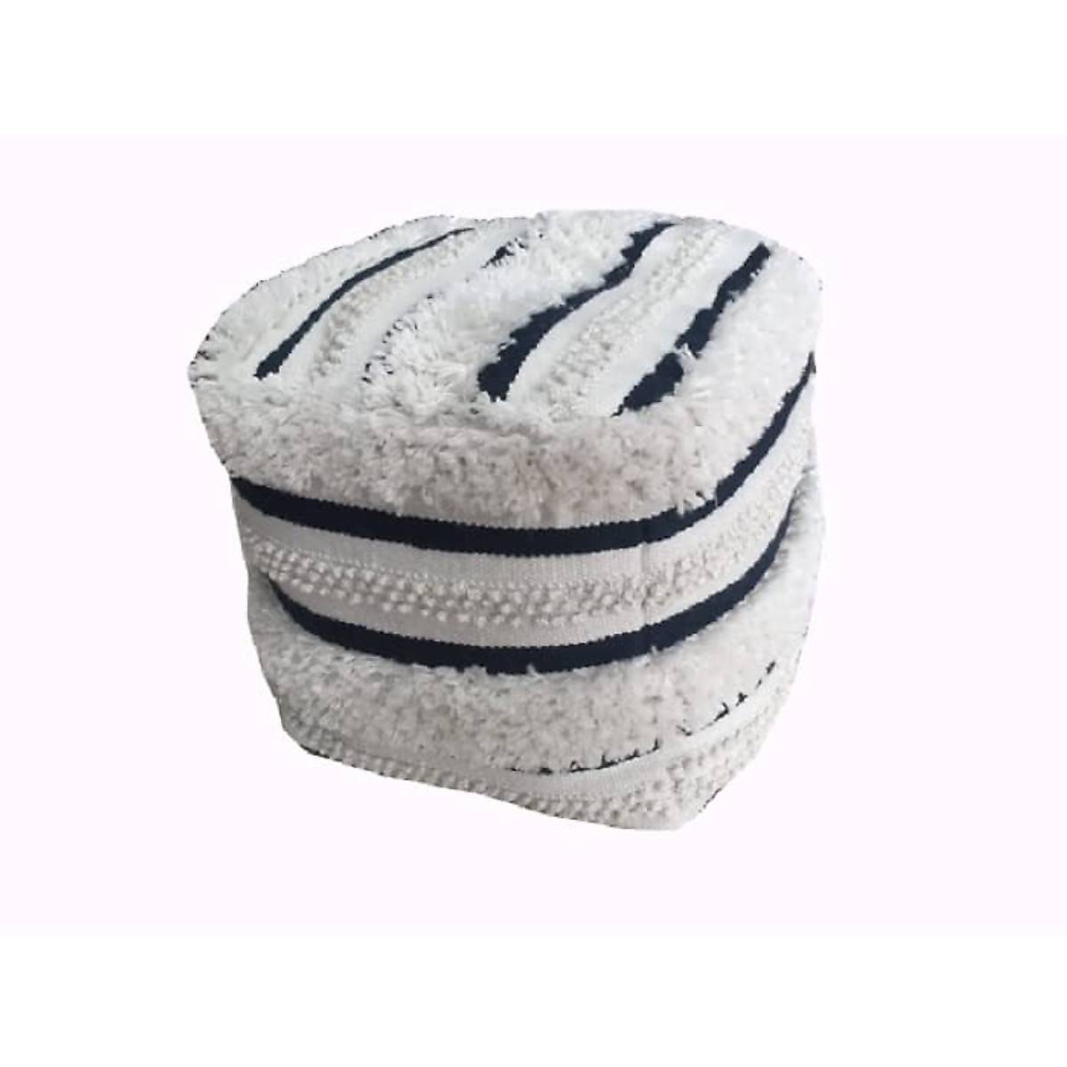 Outdoor Collection Modern Boho Farmhouse Navy Blue Off White Woven Outdoor Pouf Ottoman Outdoor Patio Accent Decor Furniture Footstool, Blue, Ivory