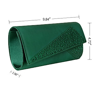 Mulian LilY M092 Women Satin Rhinestones Evening Bags Prom Bridal Clutch Purse Cross Body With Detachable Chain Strap Green
