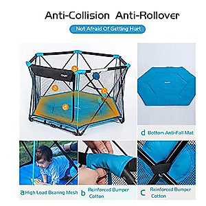 Abon Portable 6 Panel Play Pen Playard for Infants and Babies Indoor and Outdoor, Lightweight Mesh Toddler Hexagon Fence Play Area Washable,Foldable 53" Wx 30" H(Blue)…
