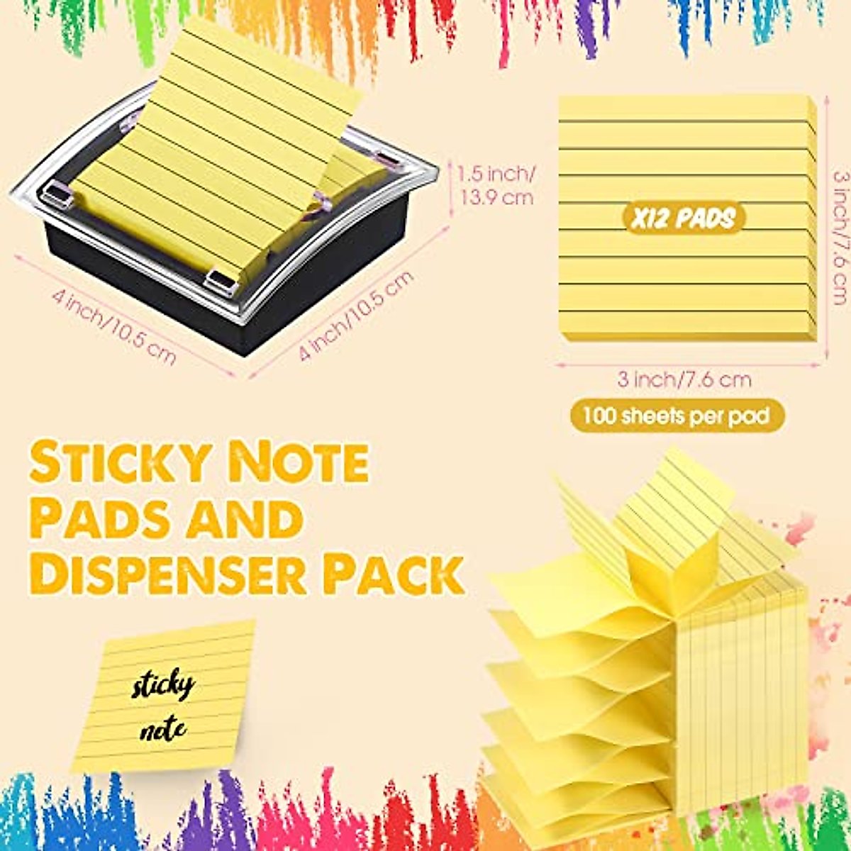 10 Pads Lined Post Notes with Pop up Sticky Note Dispenser Holder 3x3 Inch Clear Top Black Base, Self Stick Notes with Lines Adhesive Ruled Memo Pads Refills, 100 Sheets/pad