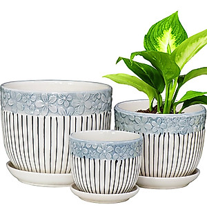 Hlukana Ceramic Plant Pots Set of 3, 6.75/5.6/4.2 inch Planters with Drainage Holes and Saucer, Flower Pots Outdoor Indoor, Modern Decorative Planters for House Plants Garden Planters Succulent Pots