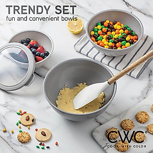 COOK WITH COLOR Mixing Bowls Set with TPR Lids - 12 Piece Plastic Nesting Bowls Set includes 6 Prep Bowls and 6 Lids, Microwave Safe (Grey)