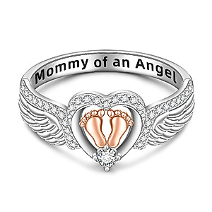 Angel Wing Ring for Women Mothers Sterling Silver Mommy of An Angel Rings Remembrance Footprint Band Memorial Keepsake Jewelry Size 8