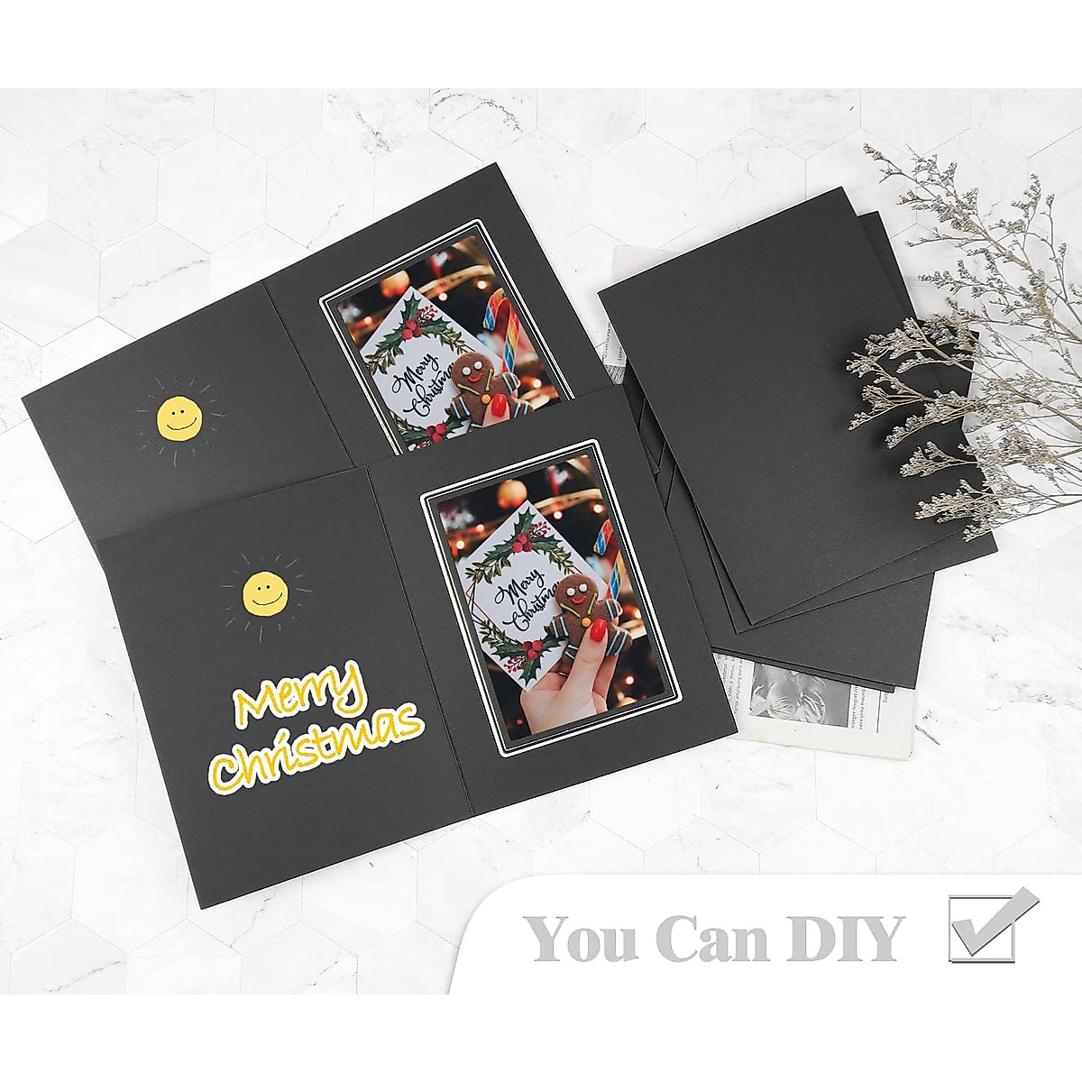 Golden State Art, Pack of 25, 4x6 Photo Folders, Cardboard Picture Frame, Paper Photo Frame Cards, Greetings/Invitation Cards, Special Events: Graduation, Christmas, Wedding(Black with Silver Lining)