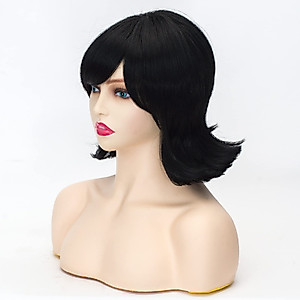 Coraline Flip Out Wig Black 50s and 60s Women Short Bob Halloween Hair Bow and Red Glasses Synthetic Bang Wig