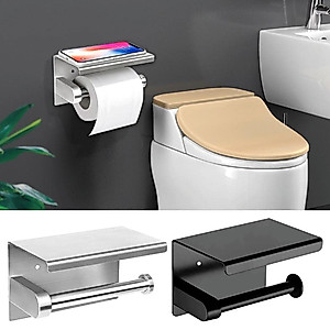 RUNAAJA Stainless Steel Toilet Paper Roll Toilet Paper Holder with Phone Shelf Adhesive Toilet Paper Holder with Shelf Stainless Steel Bathroom Tissue Roll Holder Tissue Roll Paper Dispenser (Black)