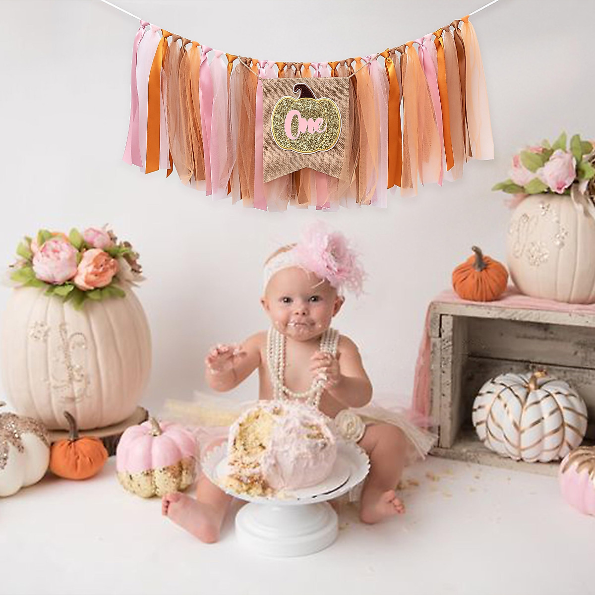 Gold Pumpkin Birthday High Chair Banner - Our Little Pumpkin Is Turning One HighChair Tutu Skirt Banner,Smash Cake Garland, 1st Birthday Photo Backdrop (Pumpkin TUTU)