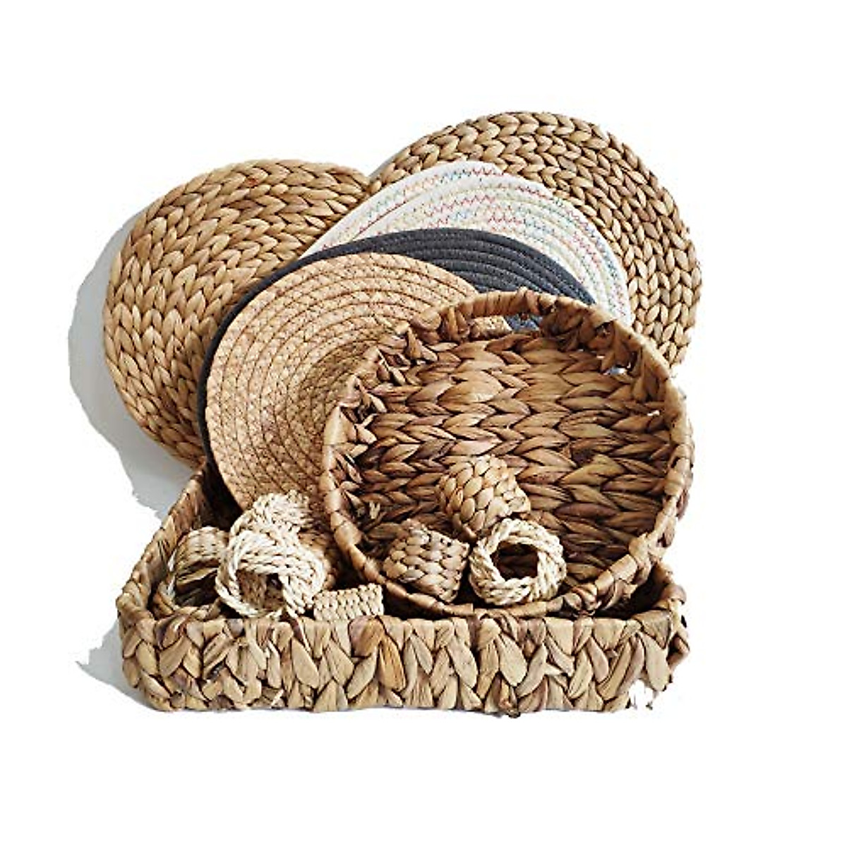ZKZNsmart Set of 3 Grass Weaving Tray，Hand-Weaving Natural Water Hyacinth Storage Baskets,Wicker Serving Trays with Built-in Handles, Grass Storage Bins for Fruit,Arts and Crafts.