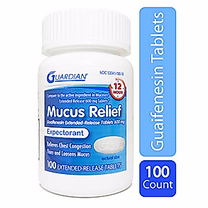 Guardian Mucus Relief, 600mg Guaifenesin 12 Hour Extended Release, Chest Congestion Expectorant (100 Count Bottle)