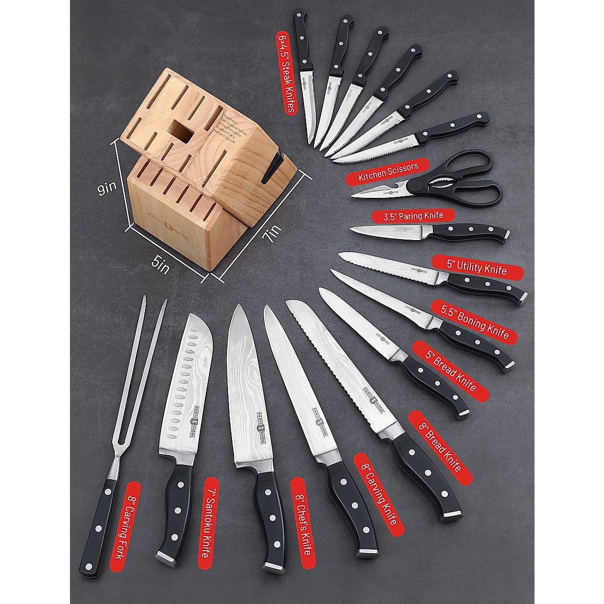 Kitchen Knife Set, PARIS RHÔNE 16-Piece High-Carbon Stainless Steel Knife Set with Block, Chef Knife, Bread Knife, Paring Knife, Built-in Sharpener, Ergonomic ABS Full Tang Handle, All-in-One