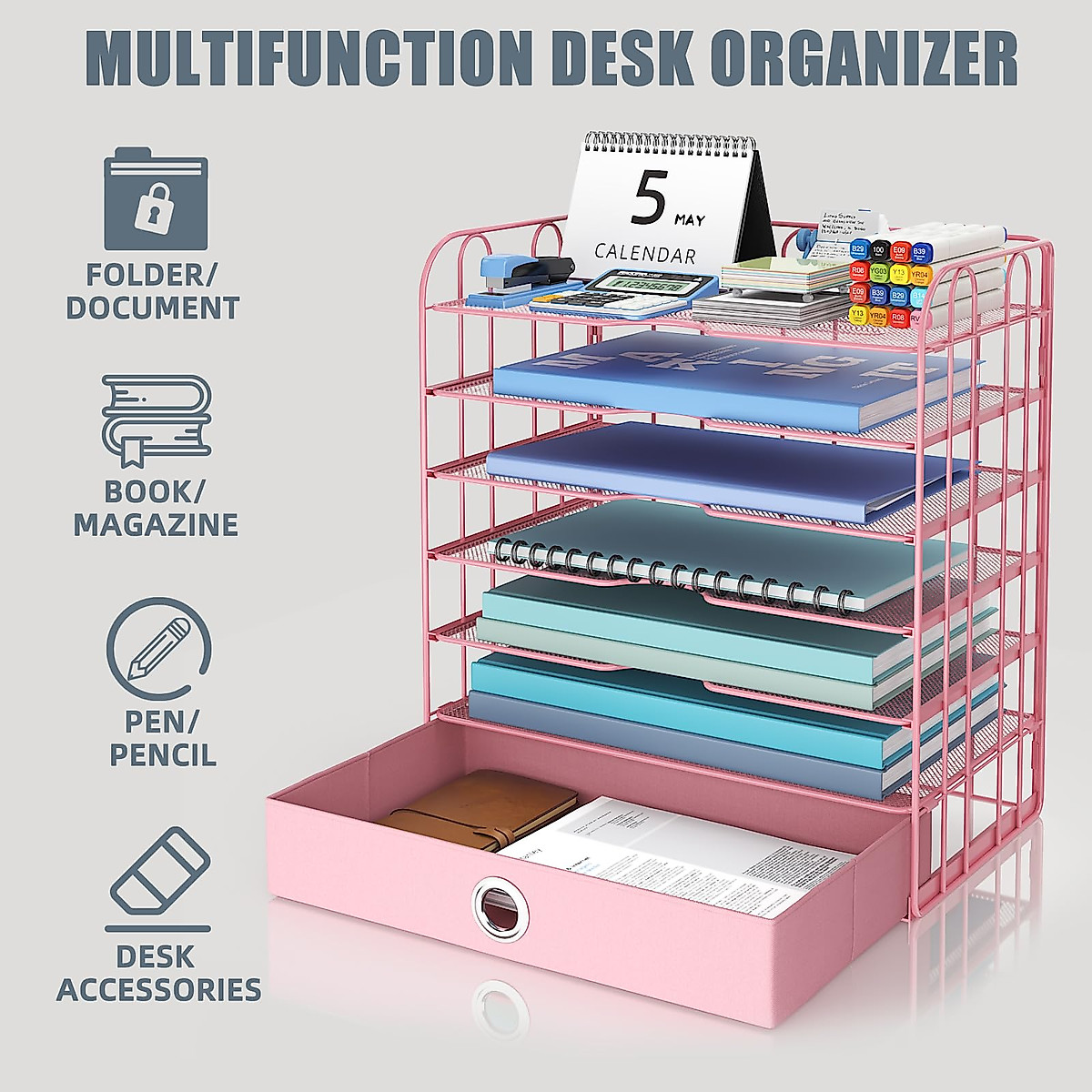 JAFUSI Paper Letter Tray Organizer with Drawer for Desk, 7 Tier Mesh Desktop File Organizer with Handle, Paper Sorter Holder Desk Tray for A4 Letter Home Office