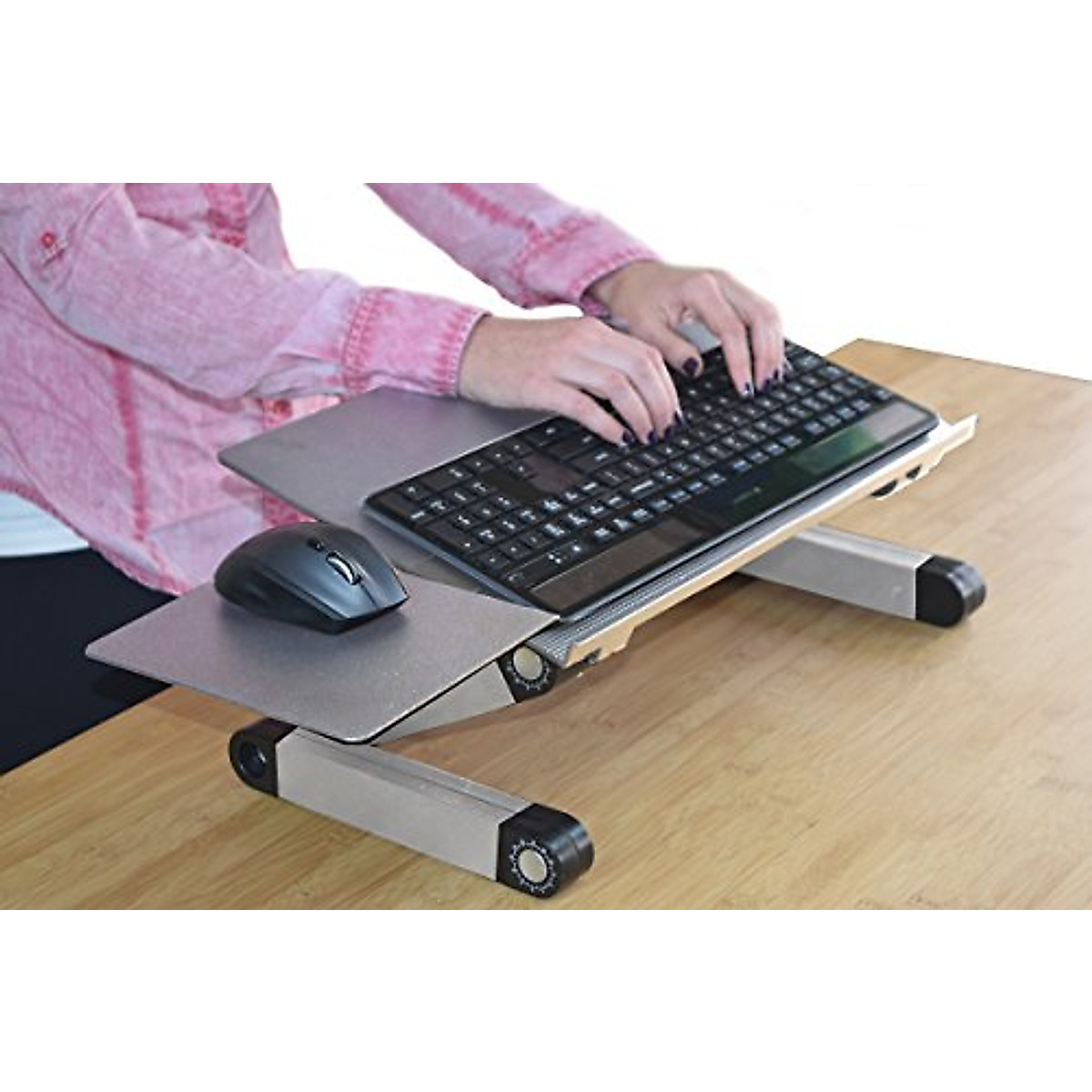WorkEZ Keyboard and Mouse Tray ergonomic on-desk riser adjustable height angle negative tilt Raise computer keyboards to Standing sit stand-up standing accessories lift silver