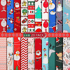 20 Pieces 10 x 10 Inch Christmas Fabric Multi-Color Fabric Patchwork Bundles Sewing Square Mixed Fabric Christmas Printing Quilting Fabric Santa Snowman Printed Fabric Scrap for DIY