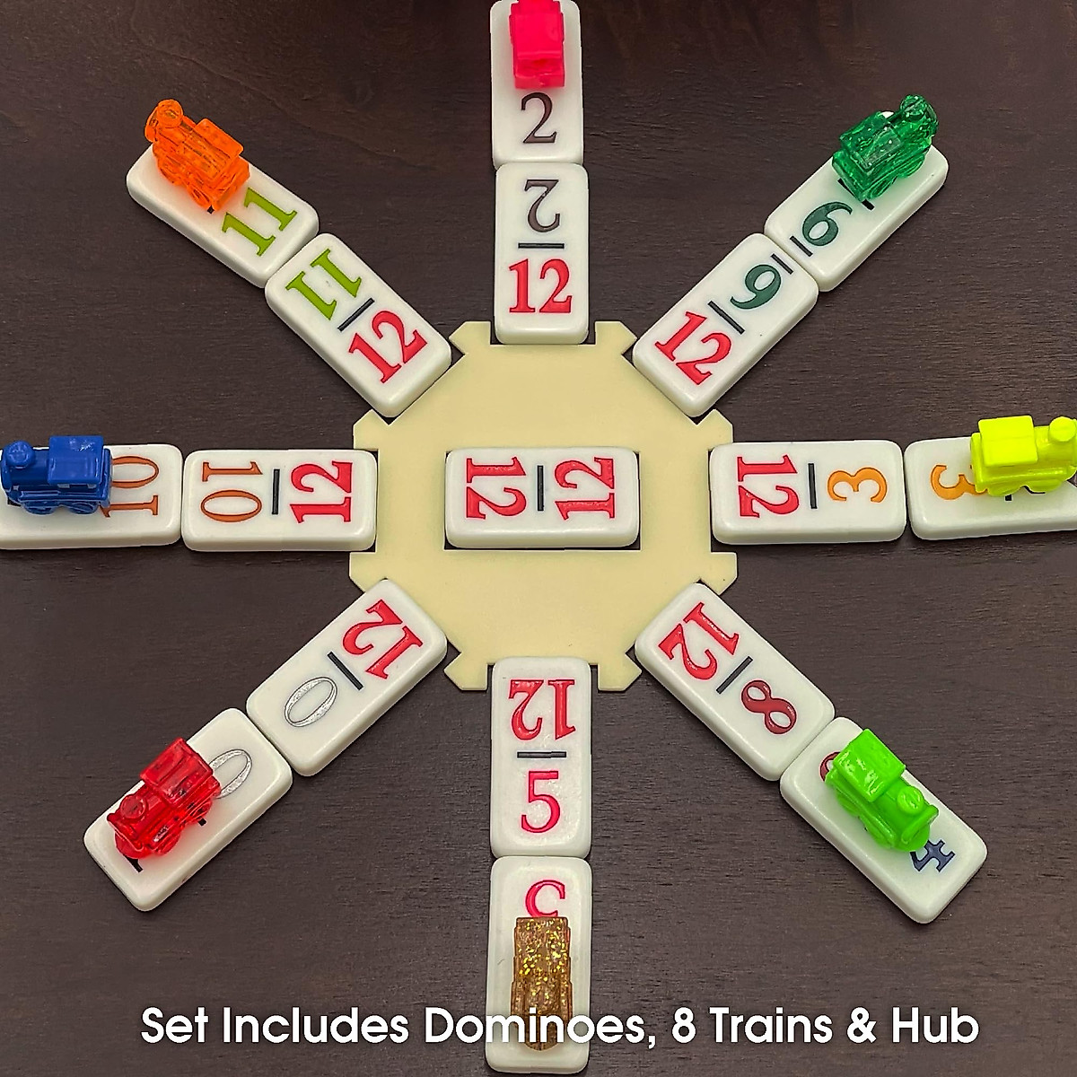 Double 12 Mexican Train Number Dominoes to Go Travel Size with Zip Up Case, Hub & 8 Domino Trains