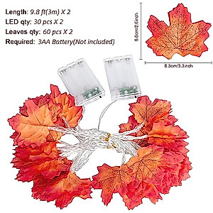 2 Pack Fall Decor Garland for Home, Total 20 Ft 60 LED Thanksgiving Maple Leaves Fall Lights Garland with Battery Operated Waterproof Autumn Harvest Halloween Christmas Decoration for Indoor Outdoor