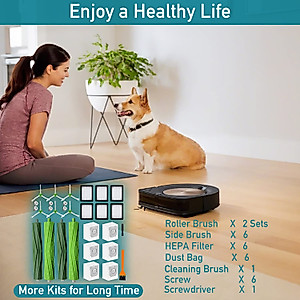 NEACUTE Vacuum Cleaner Attachments Replacement Parts - Compatible for iRobot Roomba i3 i4 i6 i7 i8 i8 E5 E6 E7 &J7, 2 Roller Brushes, 6 HEPA Filters, 6 Side Brushes, 6 Dust Bags