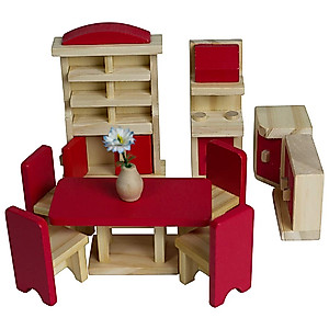 Seanmi Wooden Dollhouse Furniture - 5 Sets, 1:12 Scale Doll House Furnishings, 35 Pieces of Dollhouse Accessories (Living Room, Kitchen, Dining Room, Bedroom, Bathroom)