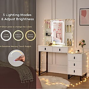 ANWBROAD Makeup Vanity Desk with Mirror and Lights White Vanity with Power Outlet Modern Dressing Table with 3 Lighting Modes Brightness Adjustable Sliding Mirror 5 Drawers Shelves Bedroom UBDT62W