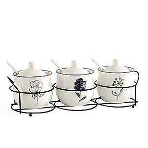Ceramic Spice & sugar Jars, with Lids Spoons and Shelf,Porcelain Condiment Kitchen Jar Spice Container Set, 230 ML,3 Pcs