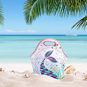 Mermaid Lunch Bag - Neoprene Kids Lunch Bag for Girls Gift Back to School Preschool Kindergarten Elementary Lunchbag Outdoor Picnic Camping Reusable Lunch Tote Bag