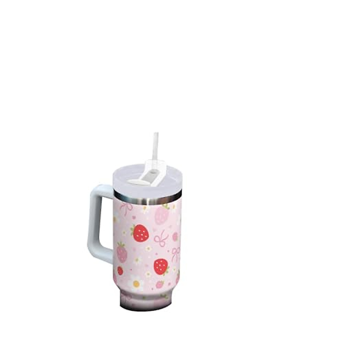 YNNALE 30 oz Tumbler with Straw & Handle - 2 in 1 Lids Leak Proof Tumblers - Large Insulated Stainless Steel Cup - BPA-Free Water Bottle Travel Metal Mug for Women Man,Bow Floral Cute Pink Strawberry