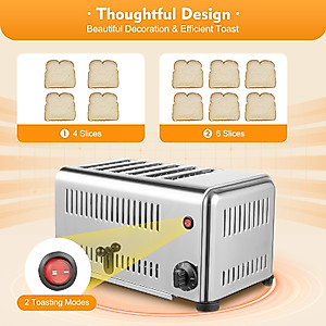 6 Slice Toaster with 5 Bread Shade Settings, Commercial Bread Baking Machine 1.1in Wide Slot, 1680W, 201 Stainless Steel, for Various Bread Types