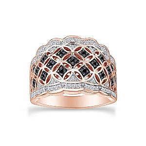 1/3 Carat Filigree Ring In Natural Black & White Diamond 14K Rose Gold Over Sterling Silver (0.33 Cttw, I2-I3 Clarity) Ring Size-10