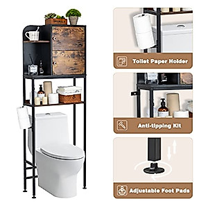 LAVIEVERT Industrial Toilet Storage Rack with Adjustable Shelf, 4-Tier Bathroom Space Saver with 2 Cabinets, Freestanding Bathroom Organizer Over Toilet for Restroom, Laundry - Rustic Brown