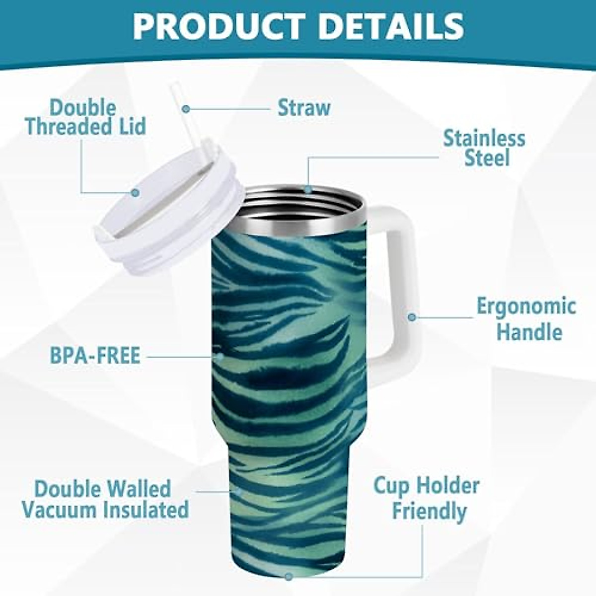 Burbuja Blue Green Zebra Skin 40oz Insulated Tumblers with Handle and Straw Lid, Double Wall Stainless Steel Travel Mug Leak-Proof, BPA Free, Gift for Mom Dad