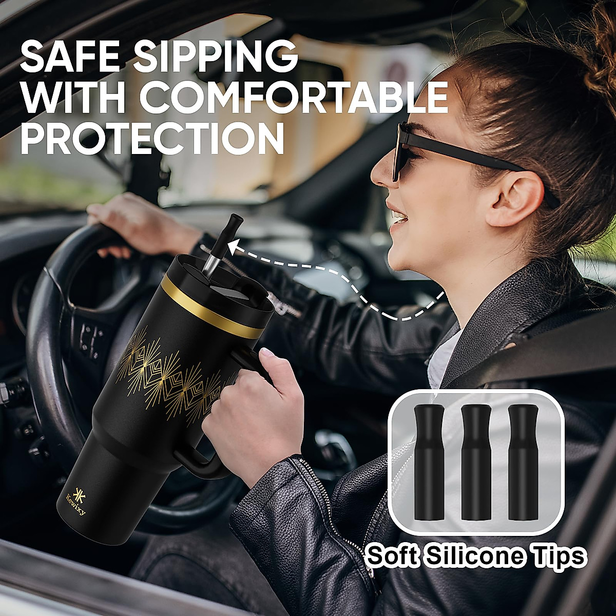 KEWIXY 40 oz Tumbler With Handle and Straw, Gloss Insulated Travel Tumbler, Fits in Cup Holder, Travel Coffee Mug with Lid, Included Leak Proof Straw Cover -Art Lines