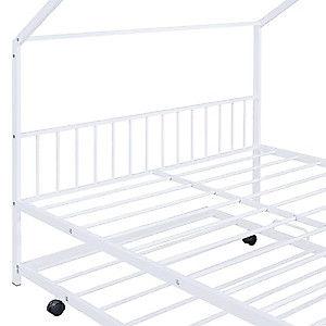 Merax Full Size Metal Floor House Bed Frame with Trundle for for Bedroom Dorm,Boys,Girls