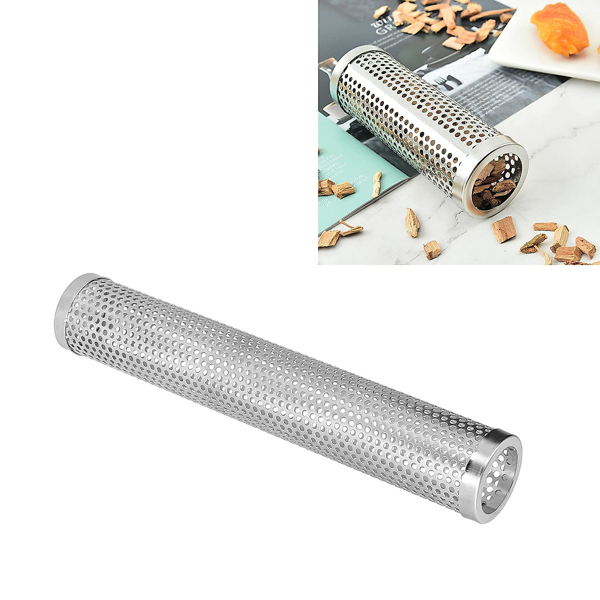 Stainless Steel Smoke Tube, Smoker Box Cylindrical Detachable Large Capacity Fruit Wood BBQ Pellet Smoker Tube for Charcoal Gas Grill(Length 30.6CM*Height 5.3CM)