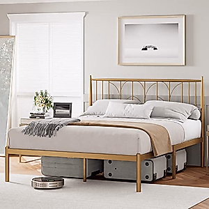 Senfot Bed Frame, Gold Metal Queen Size Platform Bed Frame with Headboard, Heavy Duty Metal Slat Support, Mattress Foundation, Noise Free Design, Easy Installation, Gold