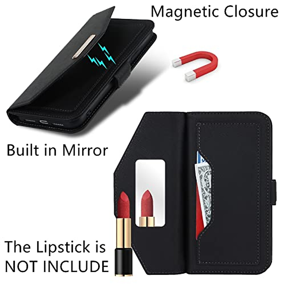 Jaorty Crossbody Wallet for iPhone 13 Pro Max Case with Adjustable Lanyard Strap Credit Card Holder 6.7",PU Leather Handbag Purse Kickstand Make Up Mirror Cover Case for Men Women Girl,Black