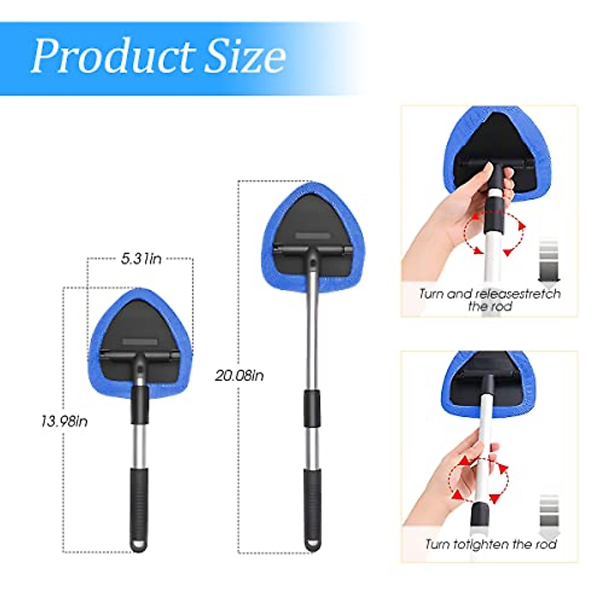 Windshield Cleaning Tool, Car Window Cleaner with Extendable Long Handle and 4 Washable Reusable Microfiber Pads, Auto Interior Exterior Glass Wiper Cleaning Kit Universal for Office and Home (Blue)