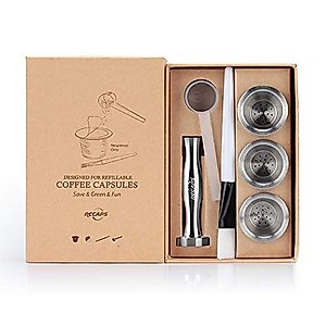 RECAPS Reusable Coffee Filter Capsules Compatible with Nespresso Original 3PCS Refillable Coffee Pods Permanent Coffee Filter Stainless Steel 120PCS Aluminum Foil Lids Coffee Tamper