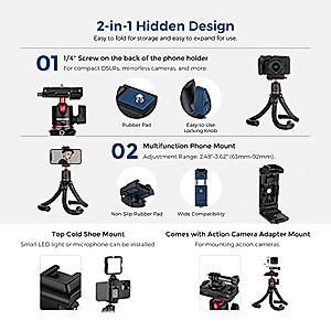 NEEWER Camera Flexible Tripod with Remote Shutter, Mount Adapter for Hero 11 10 9 8, Hidden Phone Holder with Cold Shoe, 1/4" Screw for Magic Arm, Bendable Vlogging Tripod, Load Up to 4.4lb - T30