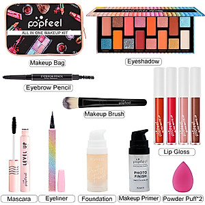 Professional Makeup Kit Set,All in One Makeup Kit with 16 Colors Eyeshadow Palette,Liquid Foundation & Smooth Primer,4 Pcs Lipstick,Eyeshadow Pencil,Mascara,Face Blush for Teens Teenager