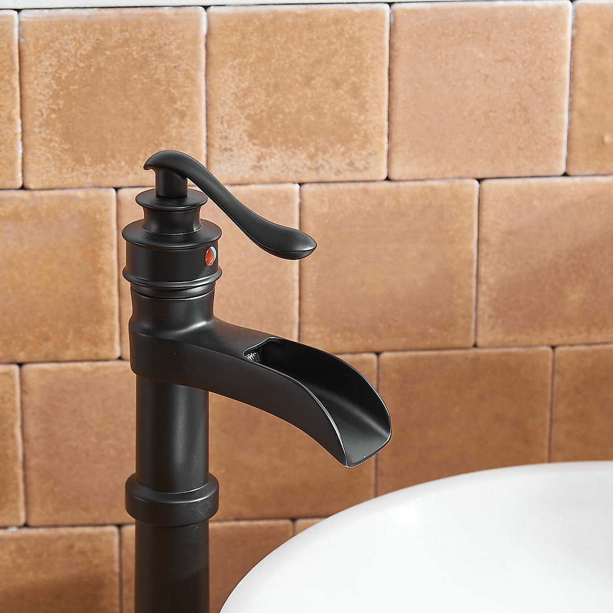 Matte Black Vessel Sink Faucet Waterfall with Pop Up Drain Assembly and Single-Handle Hole Supply Hose Lead-Free Vanity Lavatory Bathroom Faucet Mixer Tap