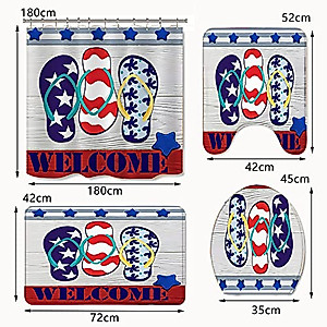 HEDYBARD 4 Pcs Red Blue Star Shower Curtain Set, Beach Themed Art Print of US Flag with Shower Curtain, Non-Slip Soft Flannel Rugs, Toilet Lid Cover, Bath Mat and 12 Hooks for Home Decorations