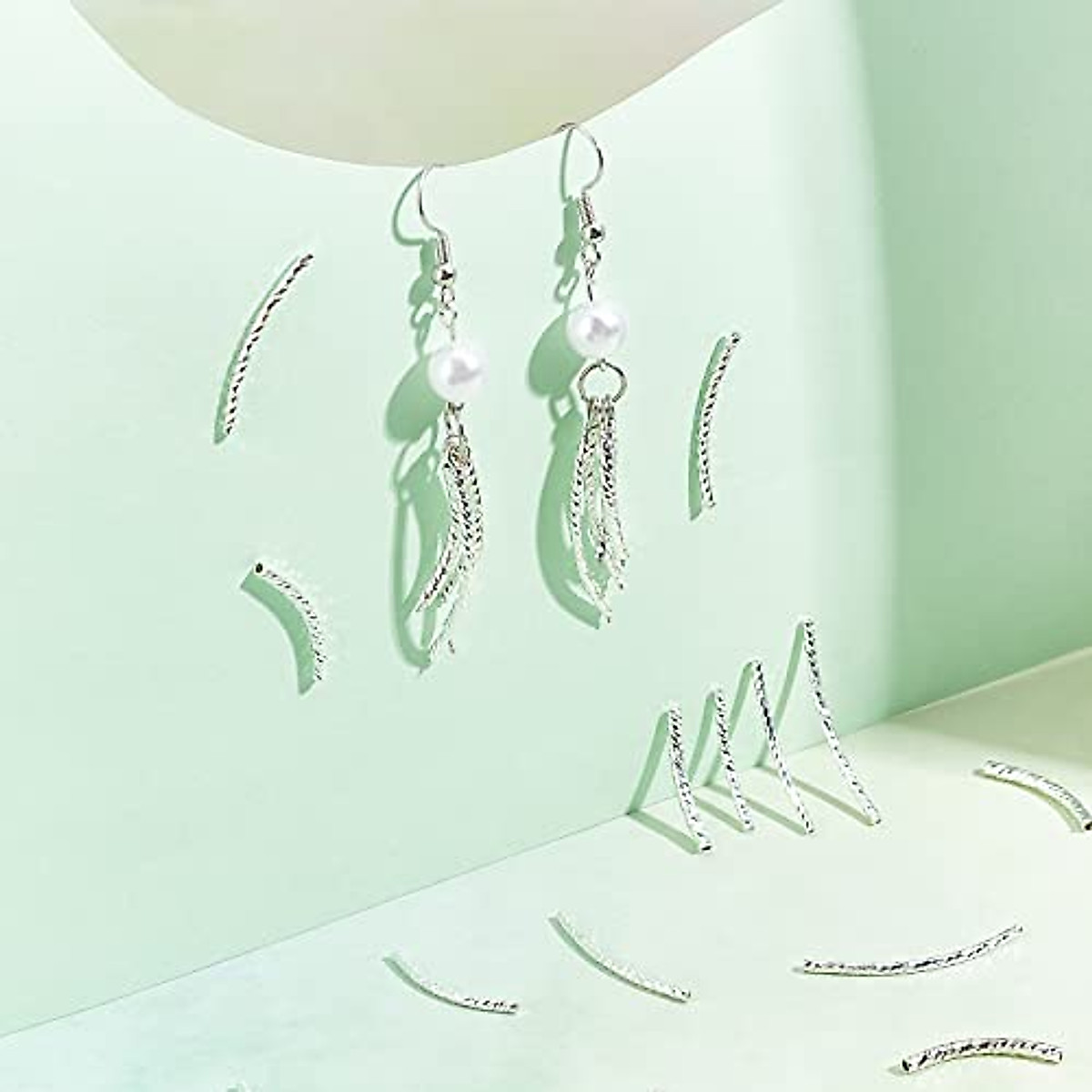 CREATCABIN 40Pcs 925 Sterling Silver Curved Tube Beads Brass 4 Sizes Noodle Tube Sleek Twist Bead Plated Long Large Hole Spacer 1 Box for DIY Jewelry Making Bracelets Findings