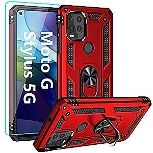 YZOK Compatible with Moto G Stylus 5G Case,with HD Screen Protector,[Military Grade] Ring Car Mount Kickstand Hybrid Hard PC Soft TPU Shockproof Protective Case for Motorola G Stylus 5G (Red)