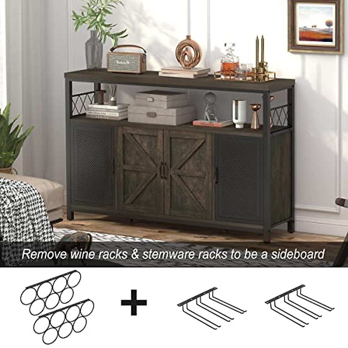 Aubtik Industrial Wine Bar Cabinet for Liquor and Glasses, Rustic Sideboard and Buffet with Wine Rack, Farmhouse Coffee Bar Cabinet with Storage (Walnut Brown)