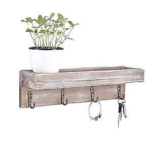 Flyisland Vintage Rustic Wood Wall Mounted Entryway Shelf with 4 Antique Metal Hooks (4 Hooks, Bronze)
