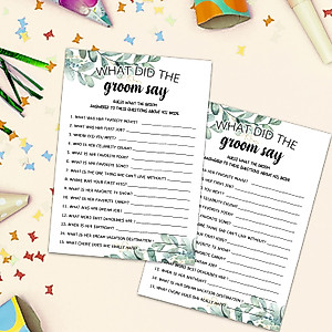 Bridal Shower Game Cards, What Did The Groom Say Game, Greenery Theme Engagement Party Cards For Wedding, Bridal Shower Decorations, Engagement Activities Ideas, Wedding Shower Party Game Card