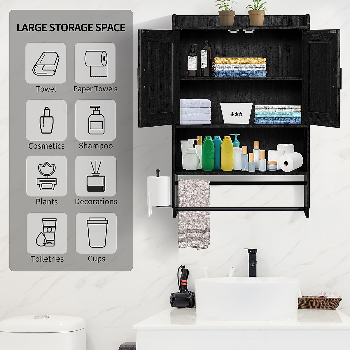 Bathroom Wall Cabinet, Wooden Medicine Cabinet Over the Toilet with Adjustable Inner Shelf, Wall Mounted Cabinet with Doors for Bathroom Storage, Hanging Cabinet for Wall with Towels Bar (Black)