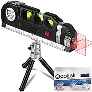 Laser Level, Qooltek Multipurpose Cross Line Laser 8 feet Measure Tape Ruler Adjusted Standard and Metric Rulers for hanging with Metal Tripod Stand(Black)
