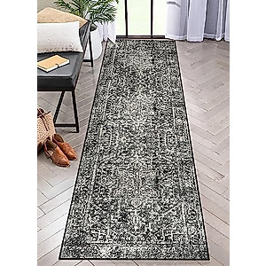 Morebes Vintage 2x8 Kitchen Runner Rug, Washable Runner Rug for Hallway Non Slip Medallion Bathroom Mat, Soft Non-Shedding Indoor Throw Carpet for Entryway Laundry, Black/White