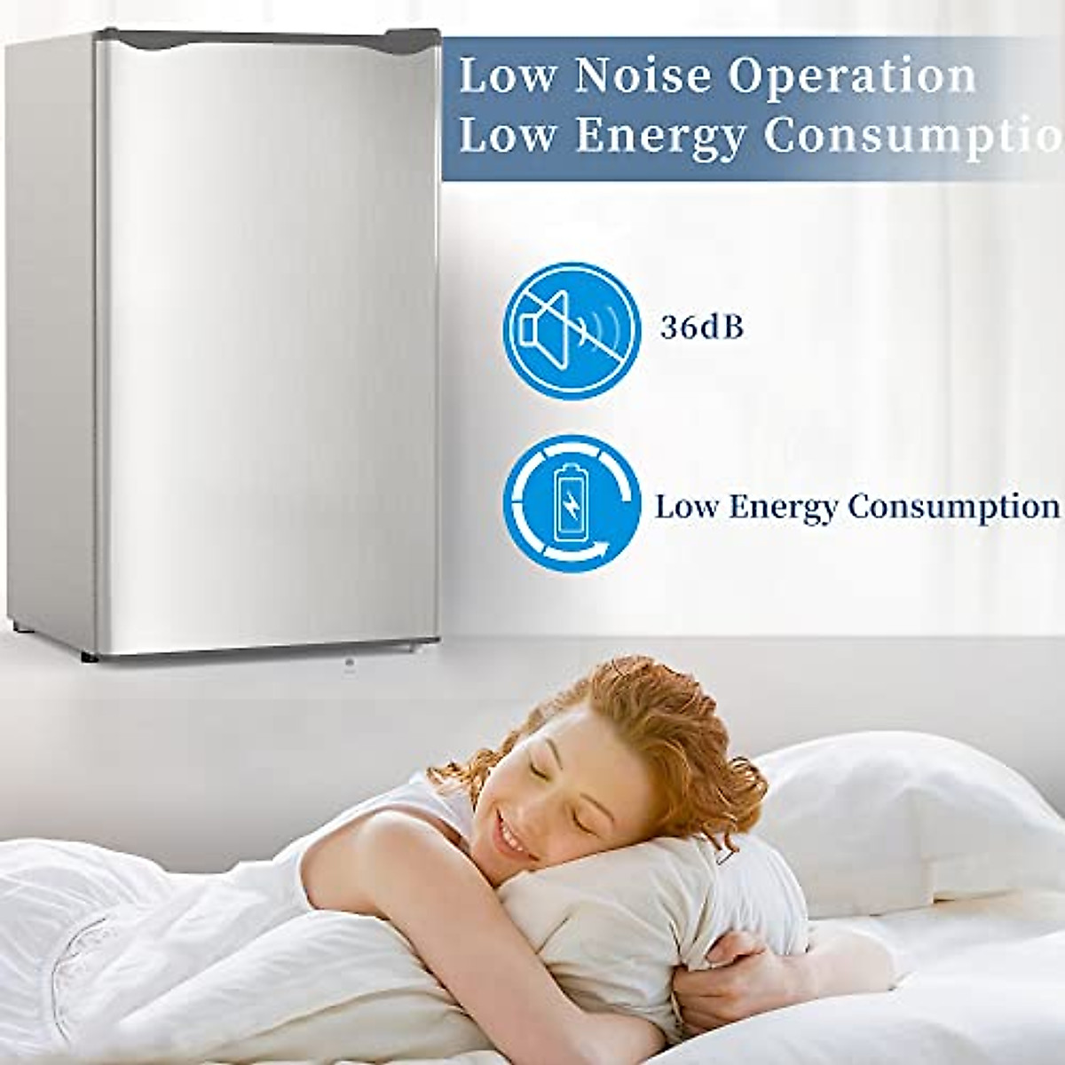 PEIHONGET Mini Fridge with Freezer, 3.2 Cu.ft, 5 Settings Temperature Adjustable, Low Noise, Reversible Single Door, Compact Refrigerator for Bedroom Office and Dorm, Apartment, Kitchen(Silver)