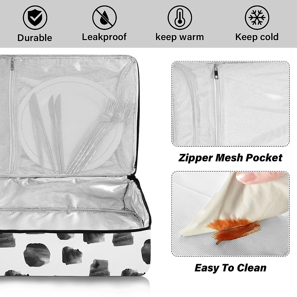 Seamless Black Ink Spots Hand Drawn Black Spots Stains on White Reusable Insulated Pizza Bag, Waterproof Food Delivery Bag, with Handle Lid Leakproof Pizza Holder Tote for Hot or Cold Food